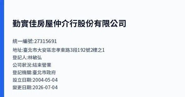 勤實佳房屋仲介行股份有限公司的照片-統編 27315691(臺北市) 公司登記資料與營業項目詳細圖表