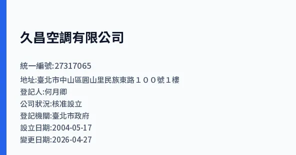 久昌空調有限公司的照片-統編 27317065(臺北市) 公司登記資料與營業項目詳細圖表