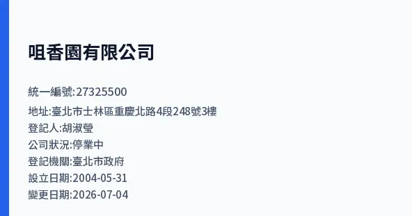 咀香園有限公司的照片-統編 27325500(臺北市) 公司登記資料與營業項目詳細圖表