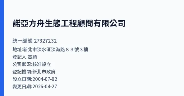 諾亞方舟生態工程顧問有限公司的照片-統編 27327232(新北市) 公司登記資料與營業項目詳細圖表