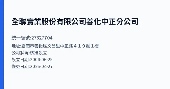 全聯實業股份有限公司善化中正分公司的照片-統編 27327704(臺南市) 公司登記資料與營業項目詳細圖表