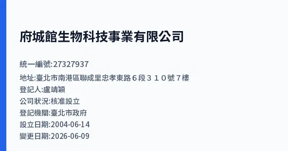 府城館生物科技事業有限公司的照片-統編 27327937(臺北市) 公司登記資料與營業項目詳細圖表