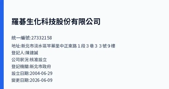 羅碁生化科技股份有限公司的照片-統編 27332158(新北市) 公司登記資料與營業項目詳細圖表
