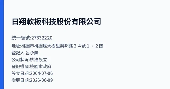 日翔軟板科技股份有限公司的照片-統編 27332220(桃園市) 公司登記資料與營業項目詳細圖表