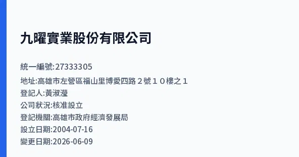 九曜實業股份有限公司的照片-統編 27333305(高雄市) 公司登記資料與營業項目詳細圖表