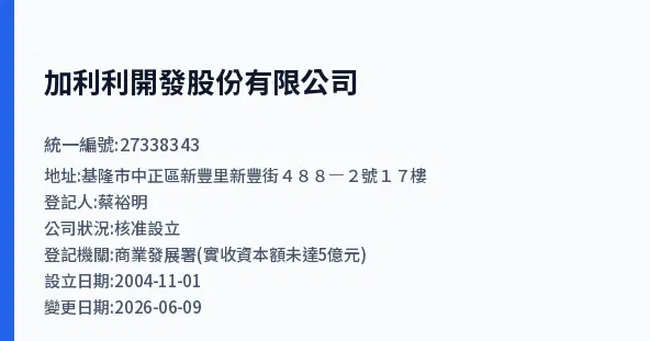 加利利開發股份有限公司的照片-統編 27338343(基隆市) 公司登記資料與營業項目詳細圖表