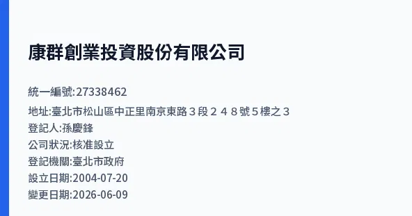 康群創業投資股份有限公司的照片-統編 27338462(臺北市) 公司登記資料與營業項目詳細圖表