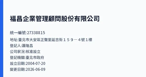 福昌企業管理顧問股份有限公司的照片-統編 27338815(臺北市) 公司登記資料與營業項目詳細圖表