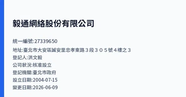 毅通網絡股份有限公司的照片-統編 27339650(臺北市) 公司登記資料與營業項目詳細圖表