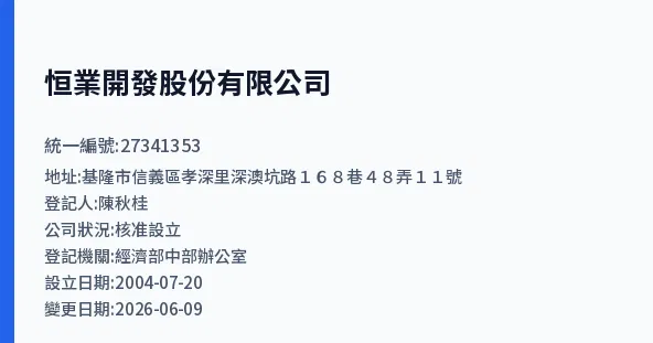 恒業開發股份有限公司的照片-統編 27341353(基隆市) 公司登記資料與營業項目詳細圖表