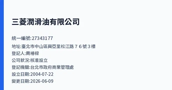三菱潤滑油有限公司的照片-統編 27343177(臺北市) 公司登記資料與營業項目詳細圖表
