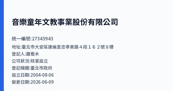 音樂童年文教事業股份有限公司的照片-統編 27343943(臺北市) 公司登記資料與營業項目詳細圖表