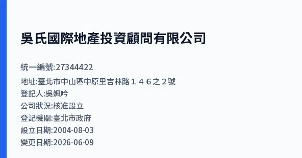 吳氏國際地產投資顧問有限公司的照片-統編 27344422(臺北市) 公司登記資料與營業項目詳細圖表