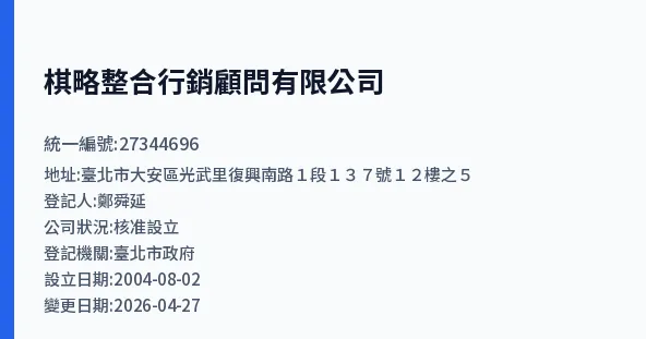 棋略整合行銷顧問有限公司的照片-統編 27344696(臺北市) 公司登記資料與營業項目詳細圖表