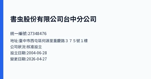 書虫股份有限公司台中分公司的照片-統編 27348476(臺中市) 公司登記資料與營業項目詳細圖表