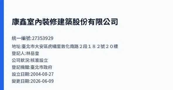 康鑫室內裝修建築股份有限公司的照片-統編 27353929(臺北市) 公司登記資料與營業項目詳細圖表