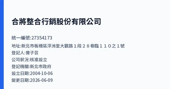 合將整合行銷股份有限公司的照片-統編 27354173(新北市) 公司登記資料與營業項目詳細圖表