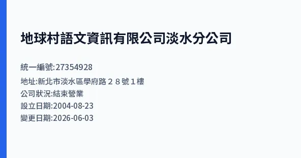 地球村語文資訊有限公司淡水分公司的照片-統編 27354928(新北市) 公司登記資料與營業項目詳細圖表