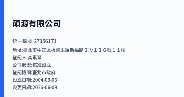 碩源有限公司的照片-統編 27356171(臺北市) 公司登記資料與營業項目詳細圖表