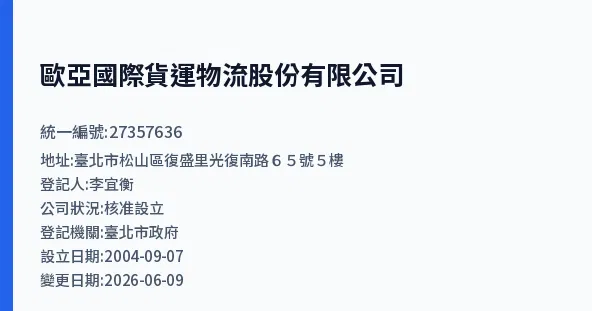 歐亞國際貨運物流股份有限公司的照片-統編 27357636(臺北市) 公司登記資料與營業項目詳細圖表