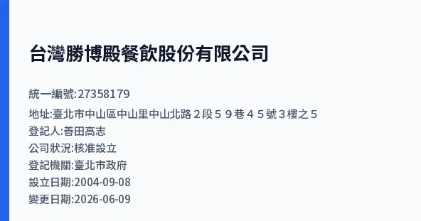 台灣勝博殿餐飲股份有限公司的照片-統編 27358179(臺北市) 公司登記資料與營業項目詳細圖表