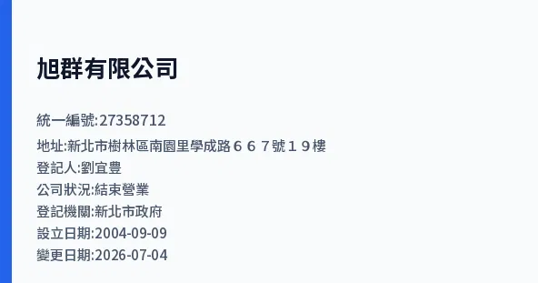 旭群有限公司的照片-統編 27358712(新北市) 公司登記資料與營業項目詳細圖表