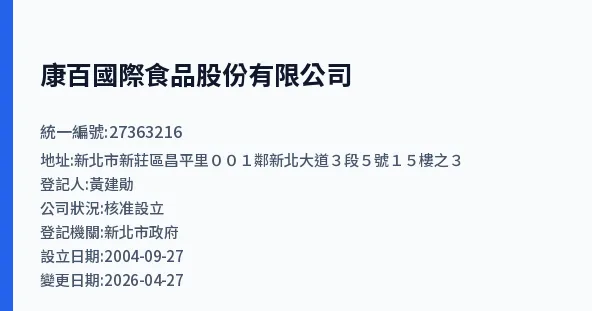 康百國際食品股份有限公司的照片-統編 27363216(新北市) 公司登記資料與營業項目詳細圖表