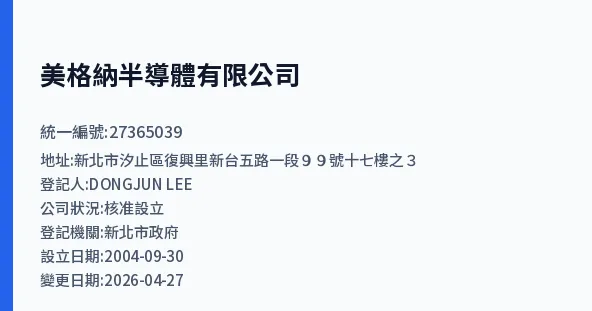 美格納半導體有限公司的照片-統編 27365039(新北市) 公司登記資料與營業項目詳細圖表