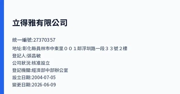立得雅有限公司的照片-統編 27370357(彰化縣) 公司登記資料與營業項目詳細圖表
