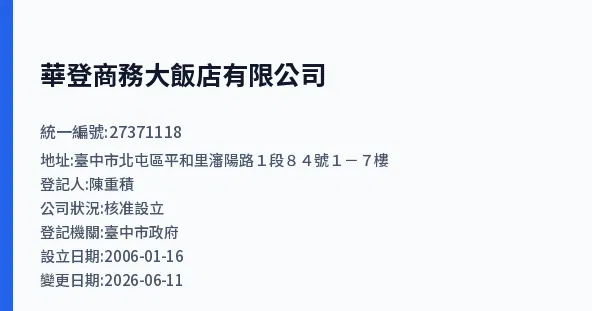 華登商務大飯店有限公司的照片-統編 27371118(臺中市) 公司登記資料與營業項目詳細圖表