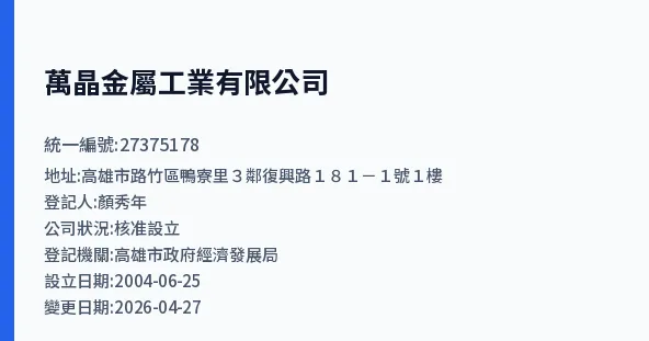 萬晶金屬工業有限公司的照片-統編 27375178(高雄市) 公司登記資料與營業項目詳細圖表