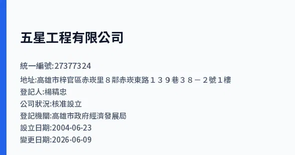 五星工程有限公司的照片-統編 27377324(高雄市) 公司登記資料與營業項目詳細圖表