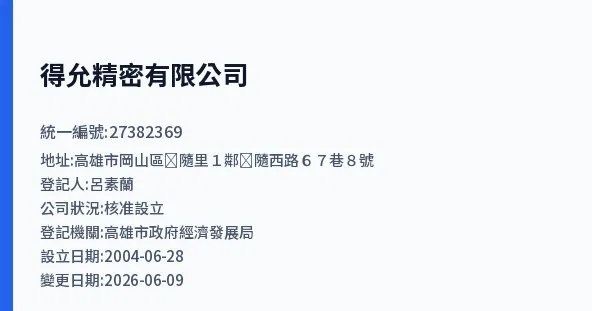 得允精密有限公司的照片-統編 27382369(高雄市) 公司登記資料與營業項目詳細圖表