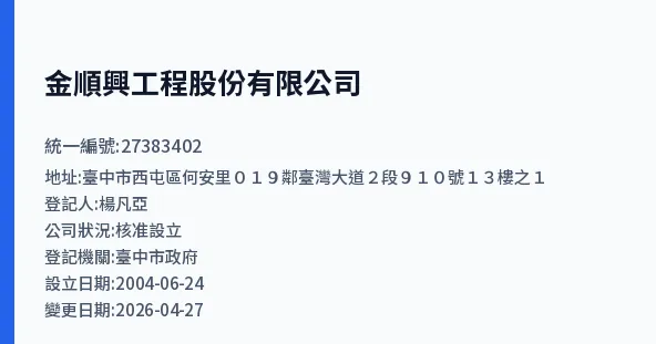 金順興工程股份有限公司的照片-統編 27383402(臺中市) 公司登記資料與營業項目詳細圖表