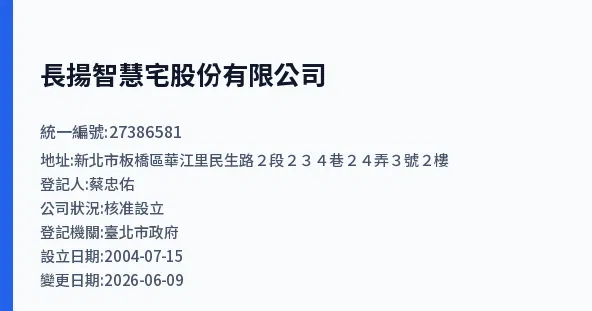 長揚智慧宅股份有限公司的照片-統編 27386581(新北市) 公司登記資料與營業項目詳細圖表
