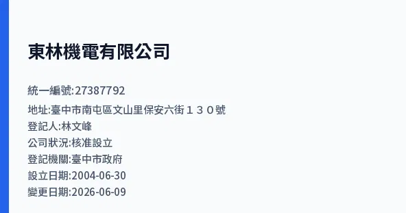東林機電有限公司的照片-統編 27387792(臺中市) 公司登記資料與營業項目詳細圖表