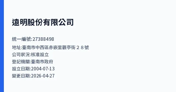 遠明股份有限公司的照片-統編 27388498(臺南市) 公司登記資料與營業項目詳細圖表