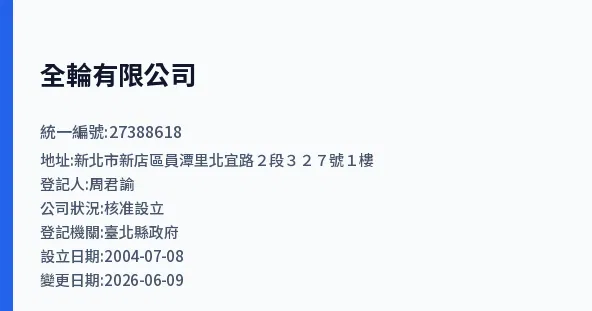 全輪有限公司的照片-統編 27388618(新北市) 公司登記資料與營業項目詳細圖表