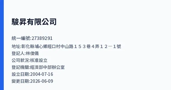 駿昇有限公司的照片-統編 27389291(彰化縣) 公司登記資料與營業項目詳細圖表