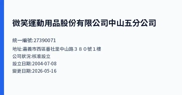 微笑運動用品股份有限公司中山五分公司的照片-統編 27390071(嘉義市) 公司登記資料與營業項目詳細圖表