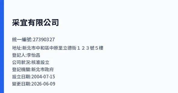 采宜有限公司的照片-統編 27390327(新北市) 公司登記資料與營業項目詳細圖表