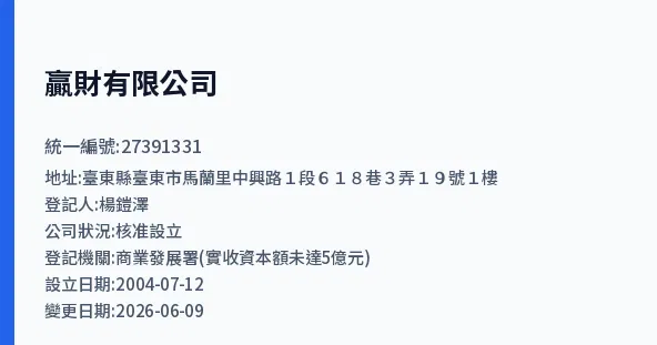 贏財有限公司的照片-統編 27391331(臺東縣) 公司登記資料與營業項目詳細圖表