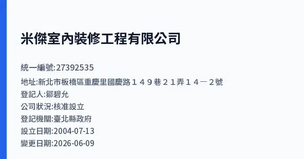 米傑室內裝修工程有限公司的照片-統編 27392535(新北市) 公司登記資料與營業項目詳細圖表