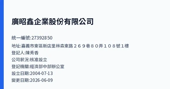 廣昭鑫企業股份有限公司的照片-統編 27392850(嘉義市) 公司登記資料與營業項目詳細圖表