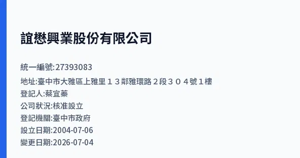 誼懋興業股份有限公司的照片-統編 27393083(臺中市) 公司登記資料與營業項目詳細圖表