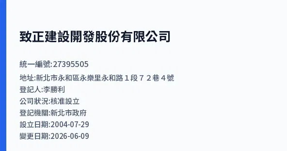 致正建設開發股份有限公司的照片-統編 27395505(新北市) 公司登記資料與營業項目詳細圖表