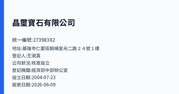 晶璽寶石有限公司的照片-統編 27398382(基隆市) 公司登記資料與營業項目詳細圖表