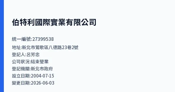 伯特利國際實業有限公司的照片-統編 27399538(新北市) 公司登記資料與營業項目詳細圖表