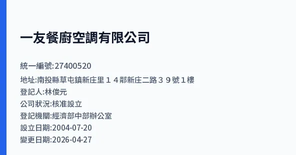一友餐廚空調有限公司的照片-統編 27400520(南投縣) 公司登記資料與營業項目詳細圖表
