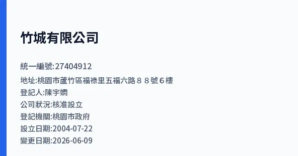竹城有限公司的照片-統編 27404912(桃園市) 公司登記資料與營業項目詳細圖表